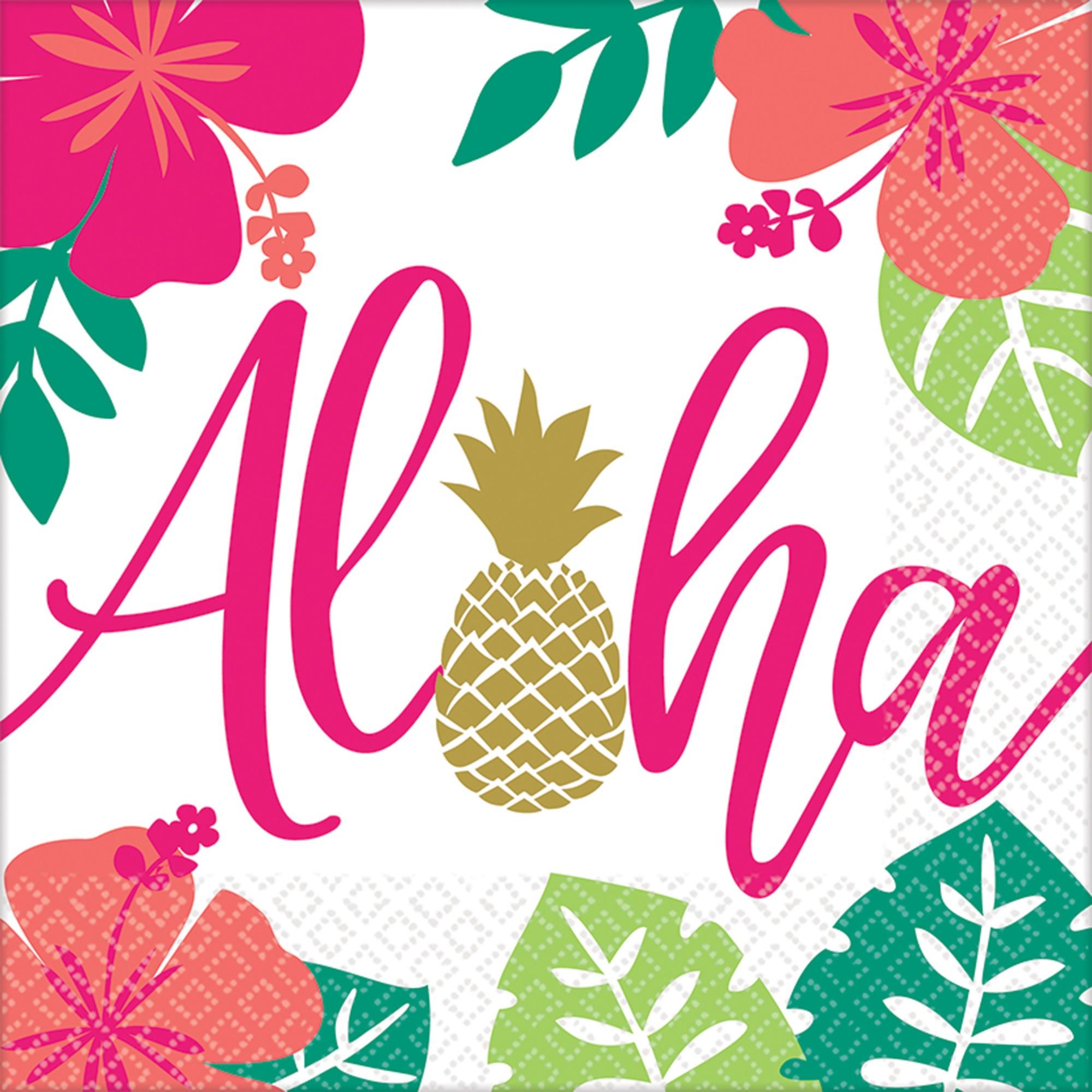Hawaii tema | Servietter med blomster, blade og teksten Aloha